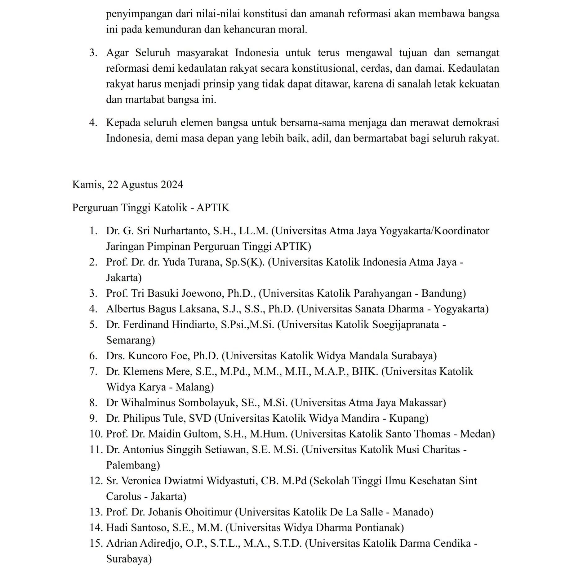 Pernyataan Sikap Pimpinan Perguruan Tinggi Katolik yang Tergabung dalam ...